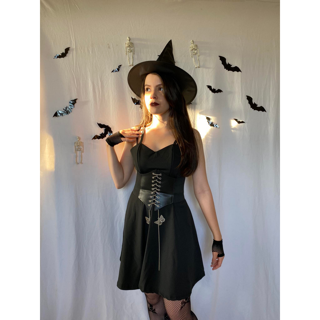 Fantasia halloween Vestido preto para fantasia de bruxa tecido grosso E-girl estilo alternativo ...