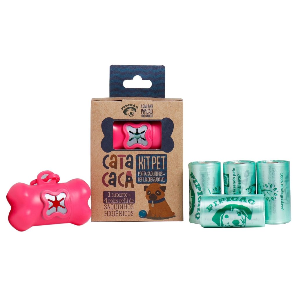 Kit Porta Caca Rosa 4 Refis de Sacolas Biodegradáveis Coleta de Fezes ...