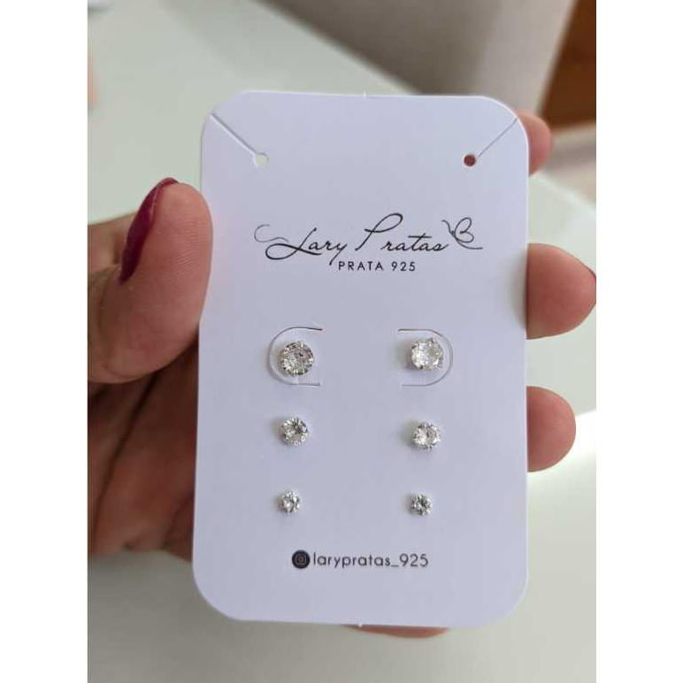 Cartela com trio de brincos em prata 925 com predra branca zirconia ...