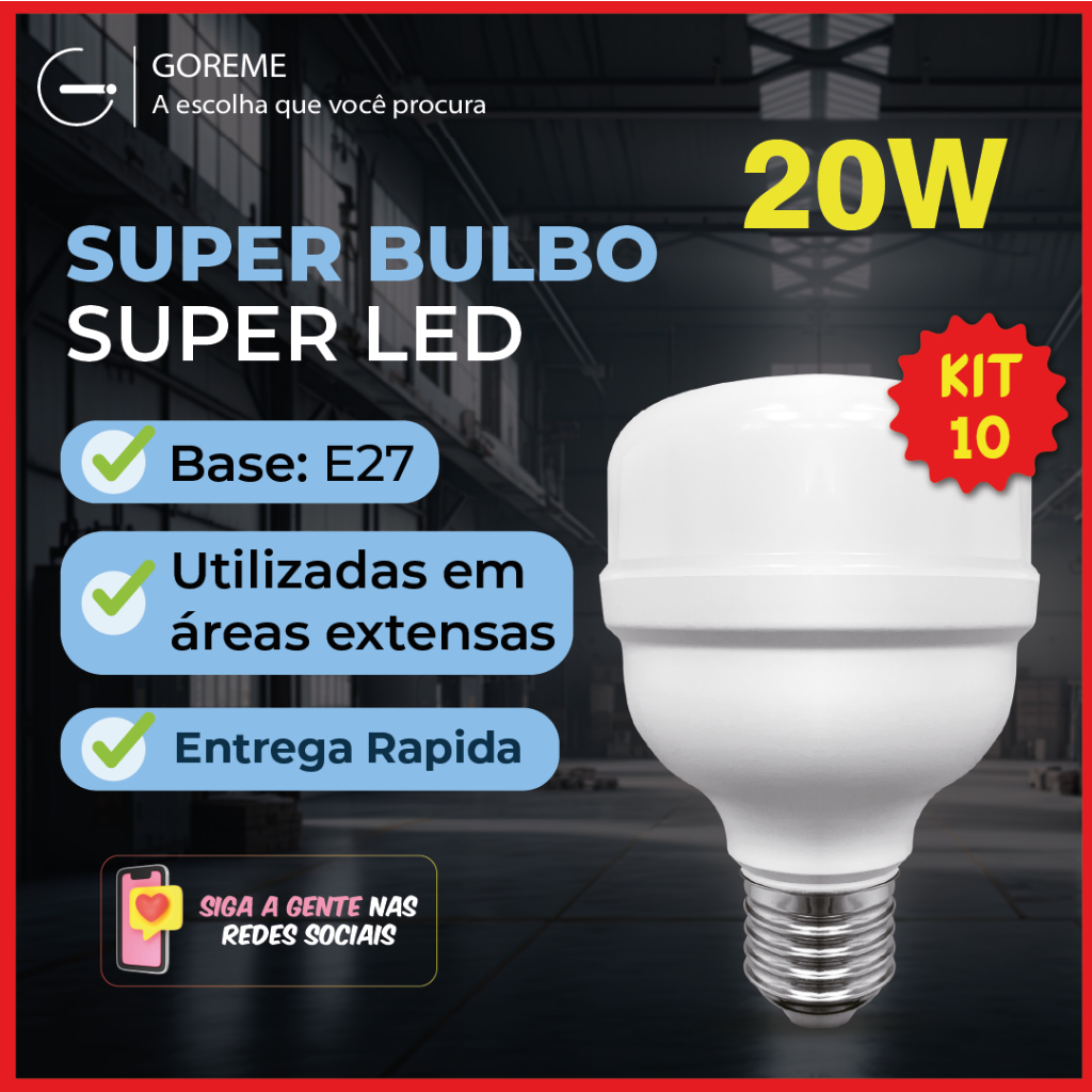 Kit 10 Super Bulbo Lâmpada Led 20w E27 Alta Potência Luz Branca 6500k Bivolt 110-220V | Shopee ...