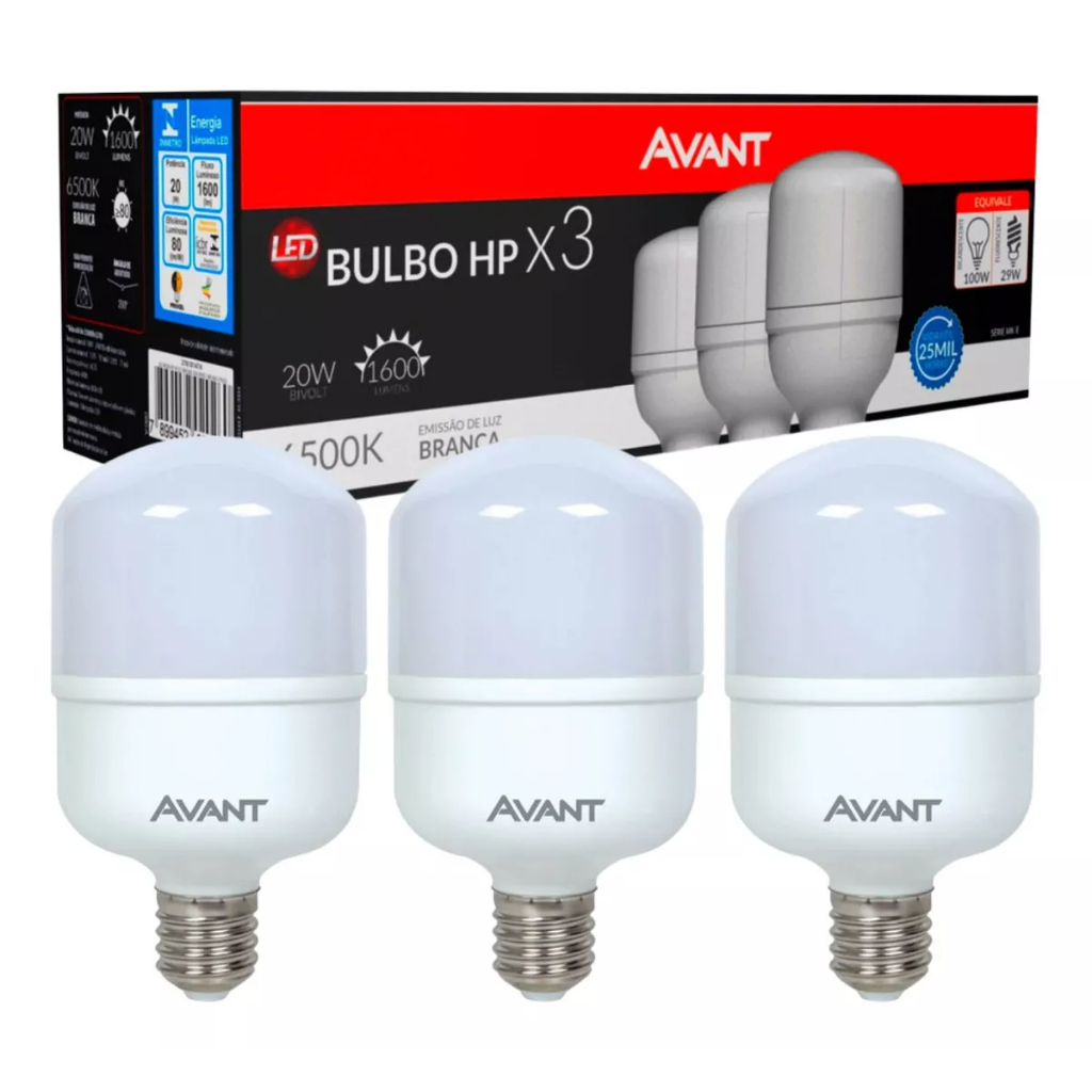 Kit 3 Lampadas Led Bulbo 20W AVANT Luz Branca 6500k Bivolt + Chave de ...