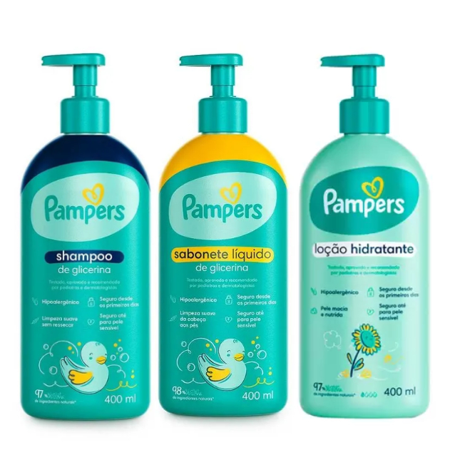 Kit Pampers Shampoo de Glicerina 400ml + Sabonete Liquido 400ml + Loção ...