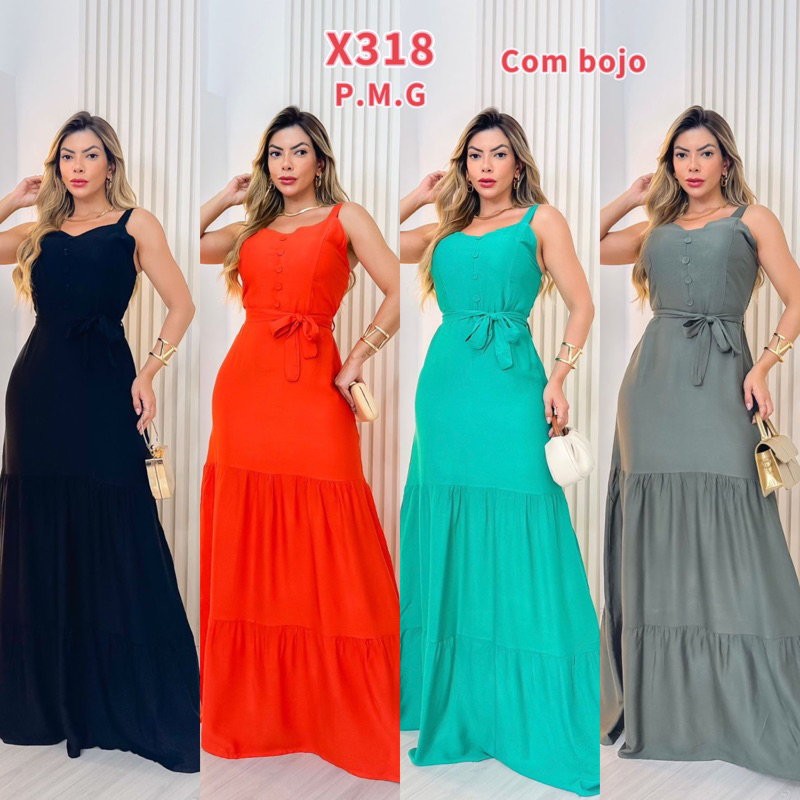 Vestido Feminino Longo elegante com Botões na frente / X318 | Shopee Brasil