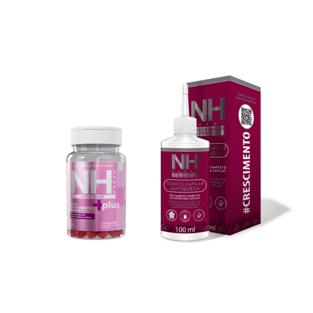 Kit New Hair Plus NH 60 Comprimidos Suplemento Crescimento Capilar + Tônico Capilar Antiqueda ...