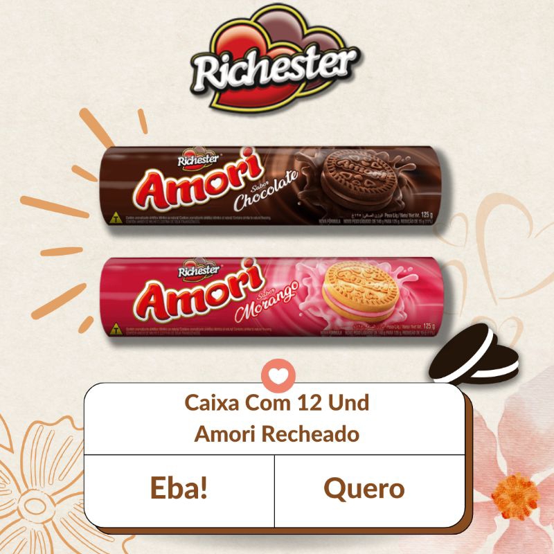 Biscoito Recheado Richester Chocolate e Morango Amori 125g (12 Unidades ...