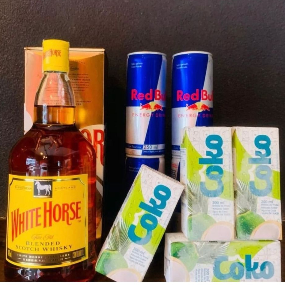 COMBO Whisky White Horse Cavalo Branco 1lt + 4 Suco + 4 Redbull | Shopee Brasil
