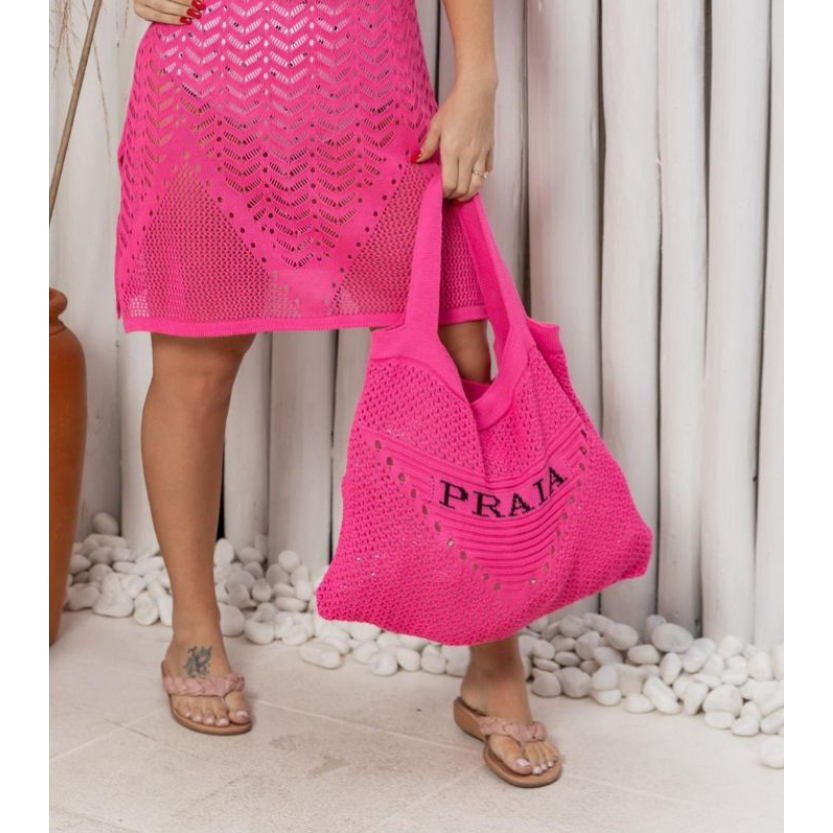 Bolsa de praia delicada em tricot com escrita bordada | Shopee Brasil