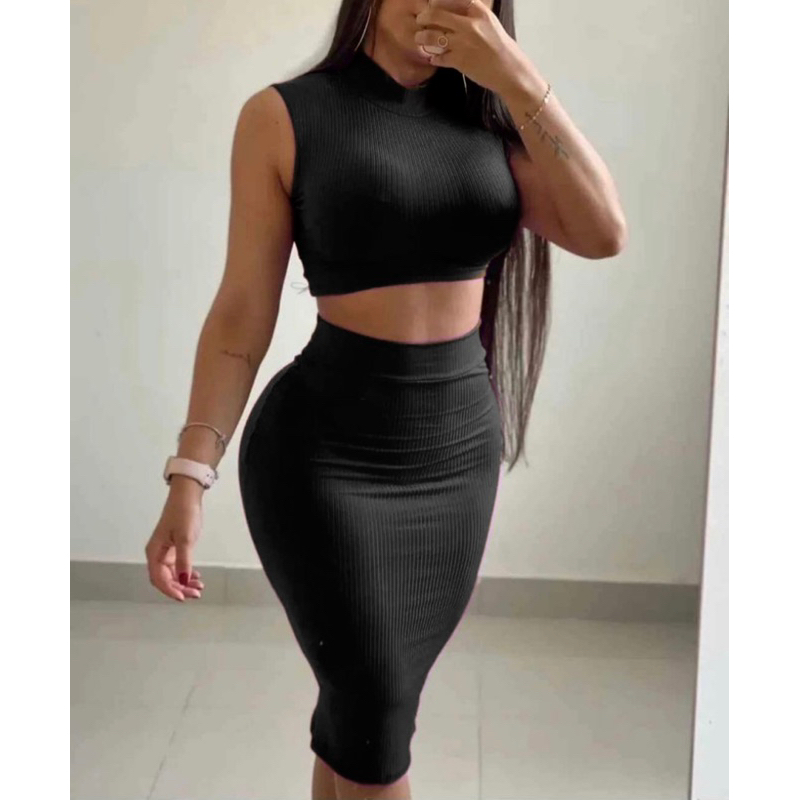 Conjunto feminino Canelado 2 peças Midi Gola Alta Saia + Croppet ...