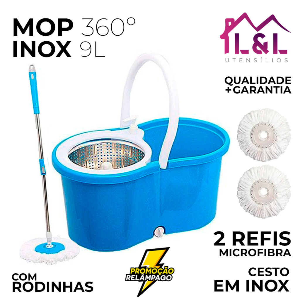 MOP de Limpeza Centrífuga Inox Giratório 360º Azul 9L com 2 Refil ...
