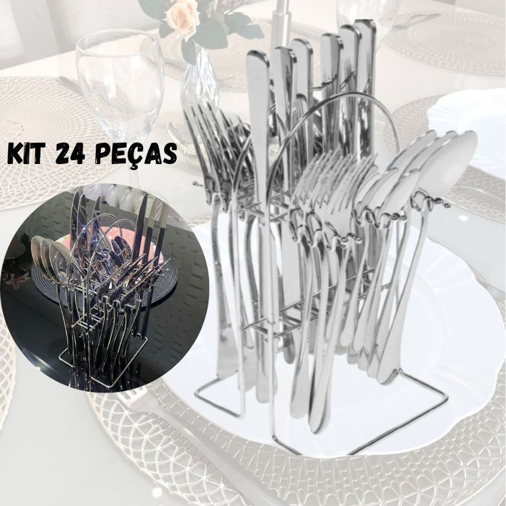 Talheres de Aço Inox 24 Peças Prata Garfo e Colher e Faca Faqueiro Jogo ...