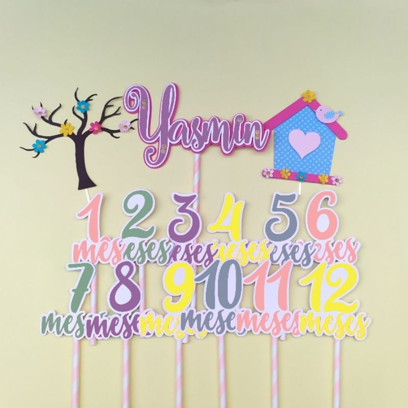 Topo Bolo Mesversario Jardim Rosa kit com 1 topo de bolo e toppers com ...