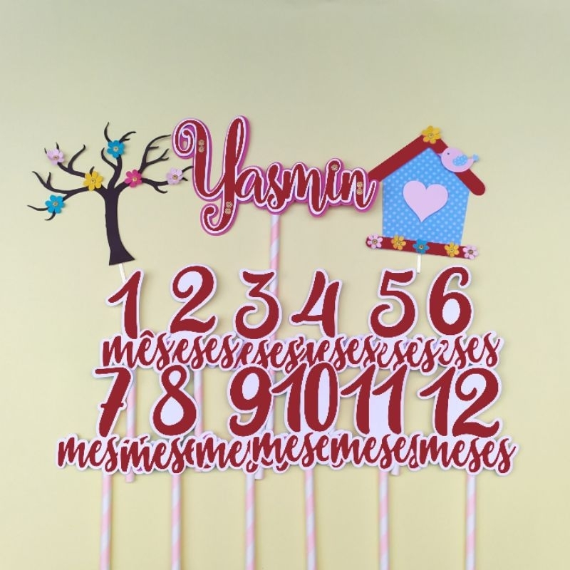 Topo Bolo Mesversario Jardim Rosa kit com 1 topo de bolo e toppers com ...