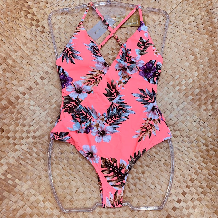 Maiô Body Decote Sexy Com Bojo Estampa De Flores E Babados Costa Nua