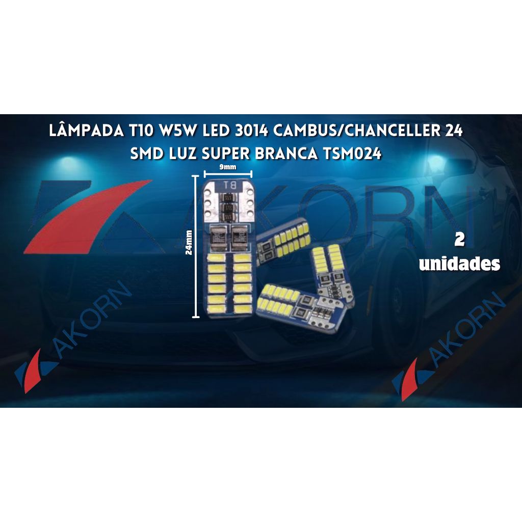 Kit 2 e 10 Lâmpada T10 W5w Led 3014 Cambus Canceller 24 SMD Cor Branco ...