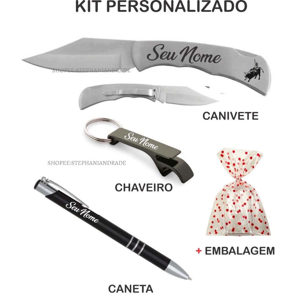 KIT PRESENTE CANIVETE CANETA E ABRIDOR PERSONALIZADO COM SEU NOME ...
