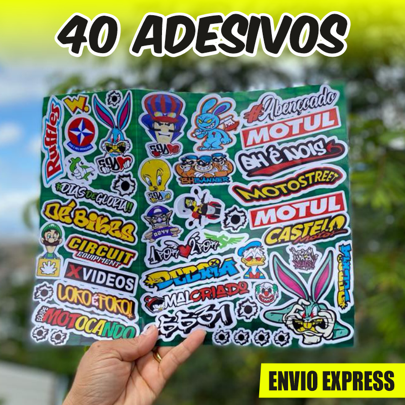 KIT 40 ADESIVOS VINIL VARIADOS - CARRO - MOTO - CAMINHÃO - BIKE - STICKERS - DIVERSOS - CARTELA ...