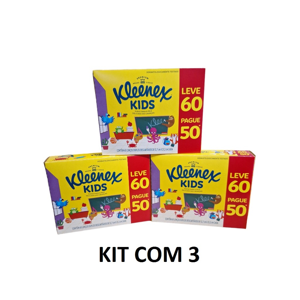 KIT COM 3 LENÇOS PAPEL KLEENEX KIDS LEVE 60 PAGUE 50 | Shopee Brasil