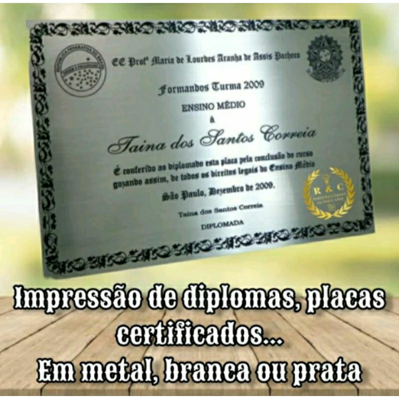 Placa Para Diploma certificado Formatura Placa De Metal | Shopee Brasil
