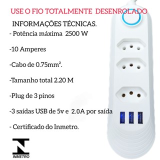 Extensão de Tomada 2 em 1: com 3 ou 4 entradas de tomada 3 pinos + HUB ...