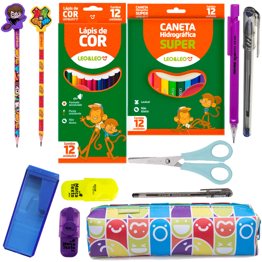 Kit Material Escolar Canetinha Lapis De Cor Estojo Marca Texto