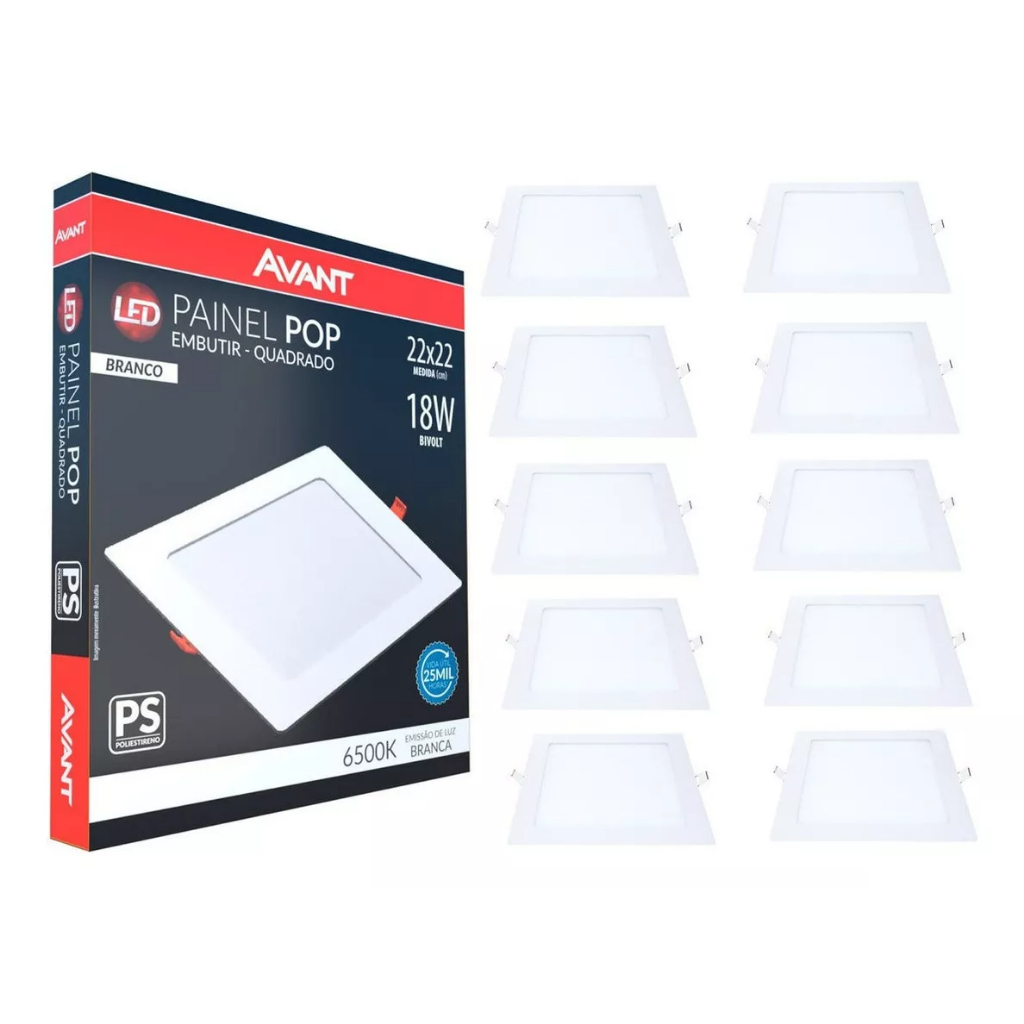 Kit 10 Luminarias Painel Plafon Led 18W Quadrado Embutir AVANT Luz Branca 6500K 110/220V ...