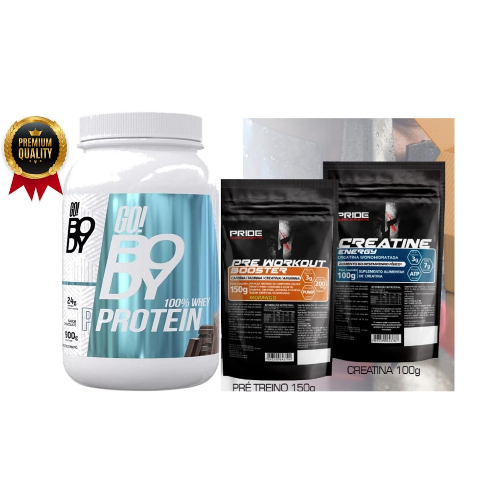 100% whey Protein 900g Chocolate + Pre Treino 150g Morango + Creatina Premium | Shopee Brasil