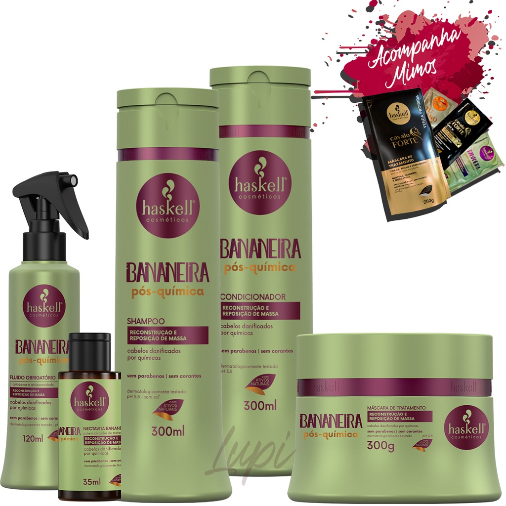 Kit Bananeira Pós Química Haskell Shampoo-Condicionador-Máscara-Fluido Termoprotetor-Nectavita ...