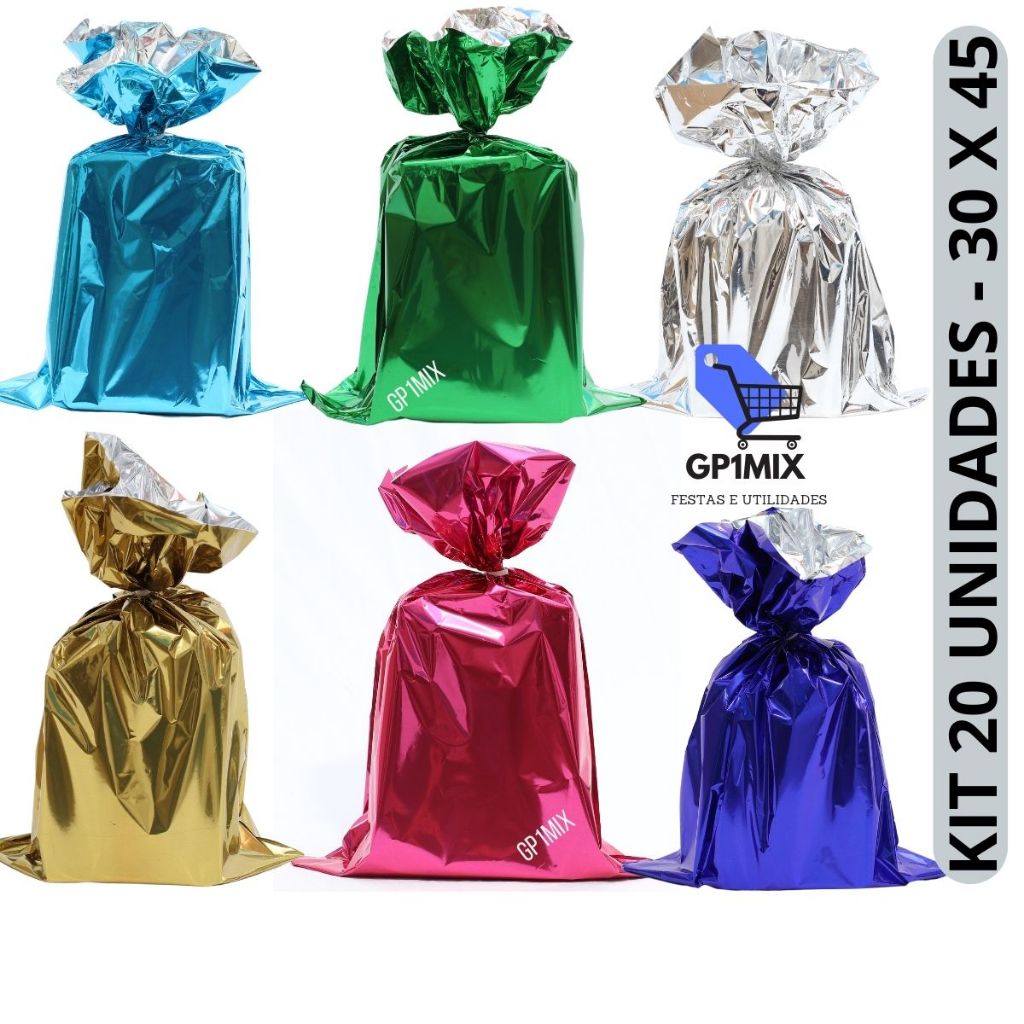 Embalagem para Presente 30x45 com 50 Unidades Saquinho Metalizado Festa ...