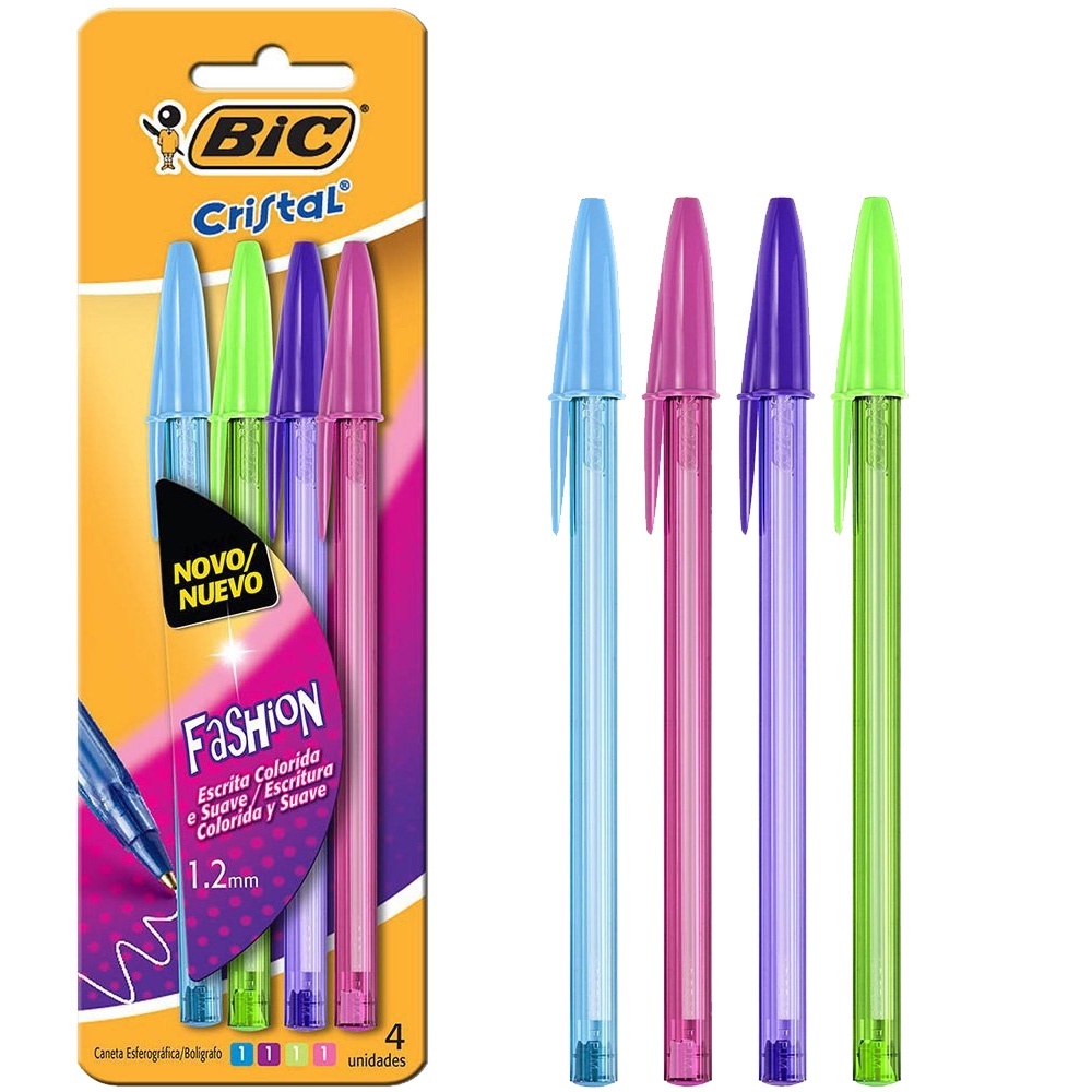 Kit Caneta Bic Cristal Fashion Colorida c/ 4 Cores Ponta 1.2 | Shopee ...