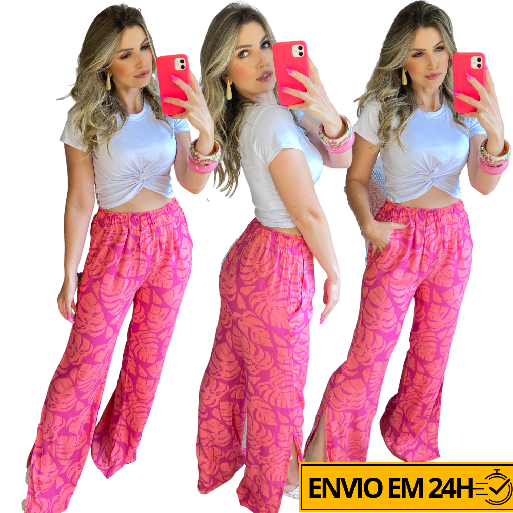 Calça Pantalona Estampada Feminina Com Bolso Forrada Fendas Laterais ...