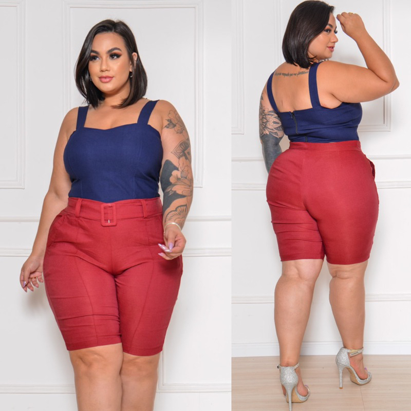 BERMUDA PLUS SIZE BENGALINE CINTO FAKE FIVELA FORRADA MODELA CORPO ...
