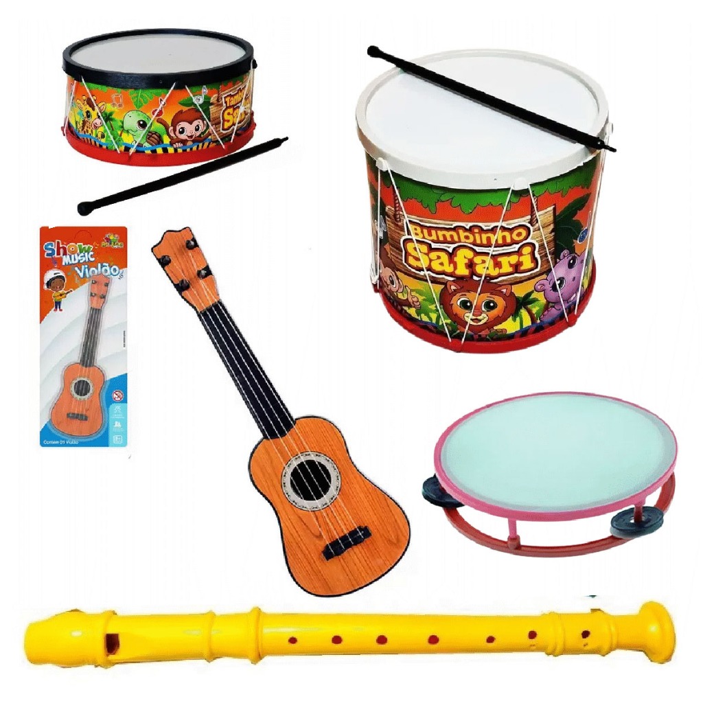 Kit 5 Instrumentos Musical Tambor Pandeiro Estrela Bumbo Flauta Infantil Brinquedo Banda ...