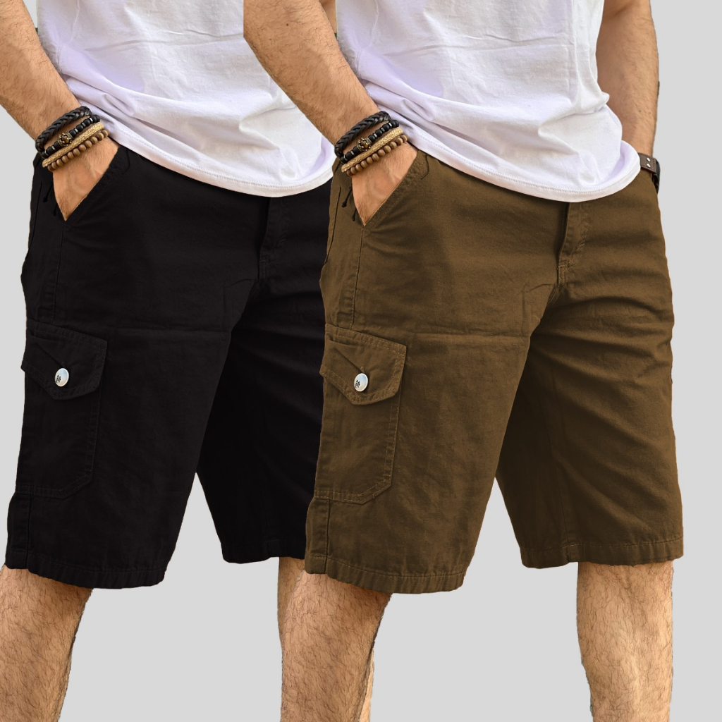 Kit 2 Bermuda Masculina Cargo Short Sarja 6 Bolsos Social Escorrega O