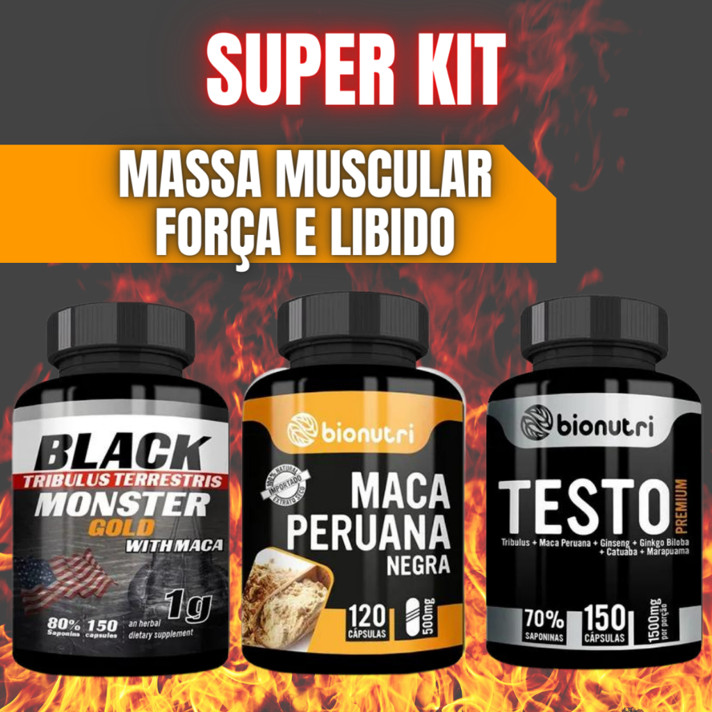 Kit Testo Premium 1500mg Black Monster 1g Maca Peruana 500mg Massa ...