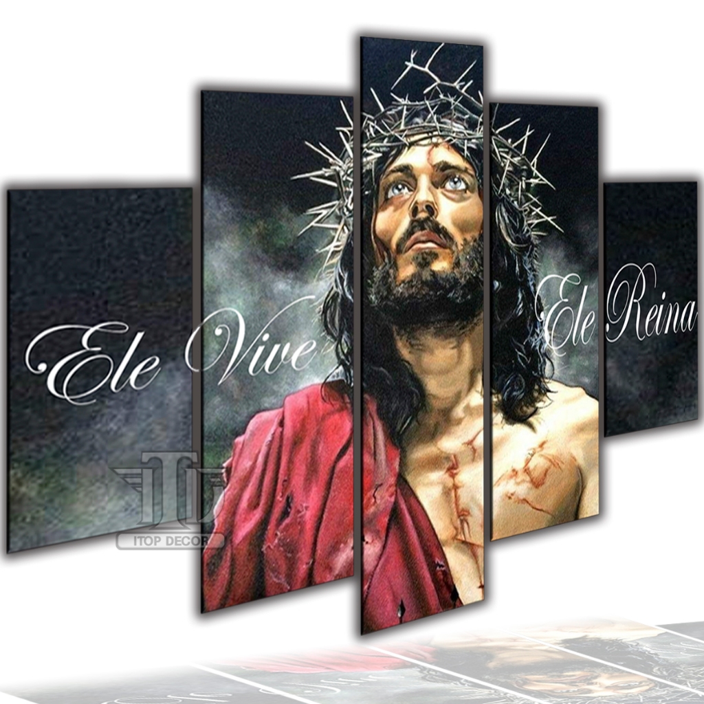 Quadro Decorativo 5 Peças Jesus Cristo Coroa de Espinhos Ele Vive Reina ...