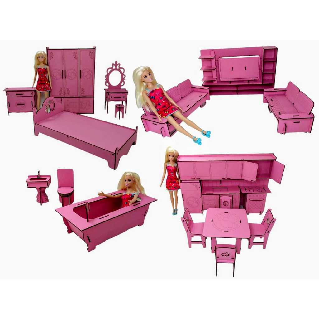 Kit 20 Móveis Rosa Para Barbie e casa MDF Madeira | Shopee Brasil