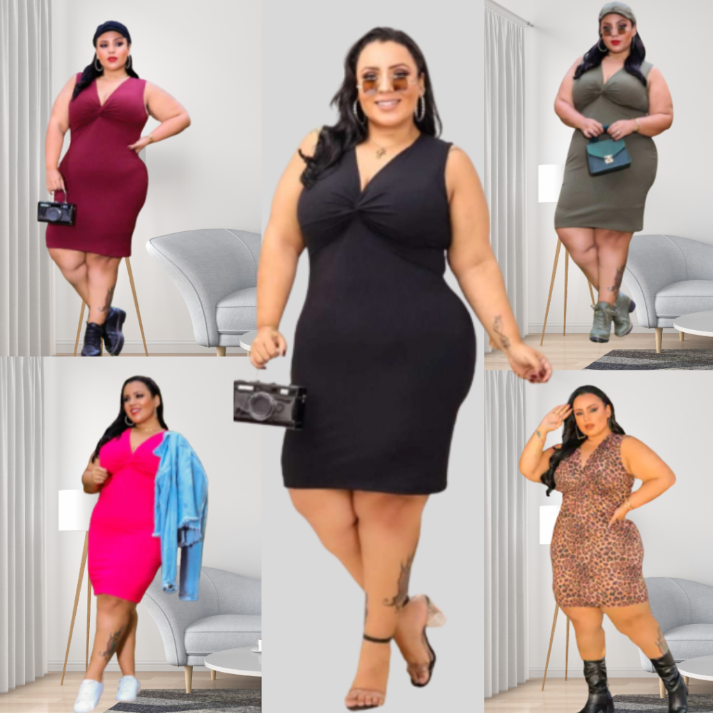 Vestido Plus Size Canelado Decote em Nozinho Colado Moda Plus | Shopee ...