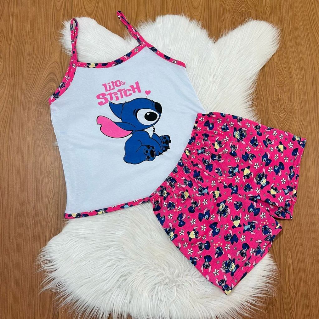 Baby Doll Pijama Feminino Adulto Malha Personagem Stitch Confortável ...