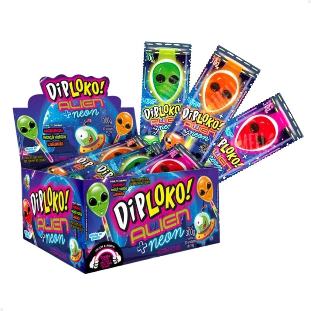 Pirulito Dip Loko 10gr 30 Unidades Neon Alien Brilha no Escuro | Shopee ...
