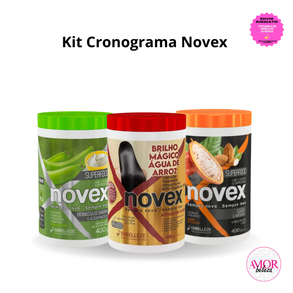 Kit Novex Cronograma Capilar c/3un (Água de Arroz + Biomassa + Cacau) 400g | Shopee Brasil