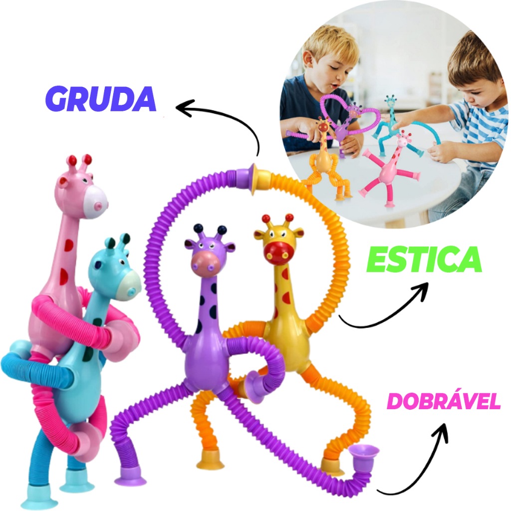Brinquedo Girafa Infantil com Ventosa Led Sensorial Pop Tube Estica e ...