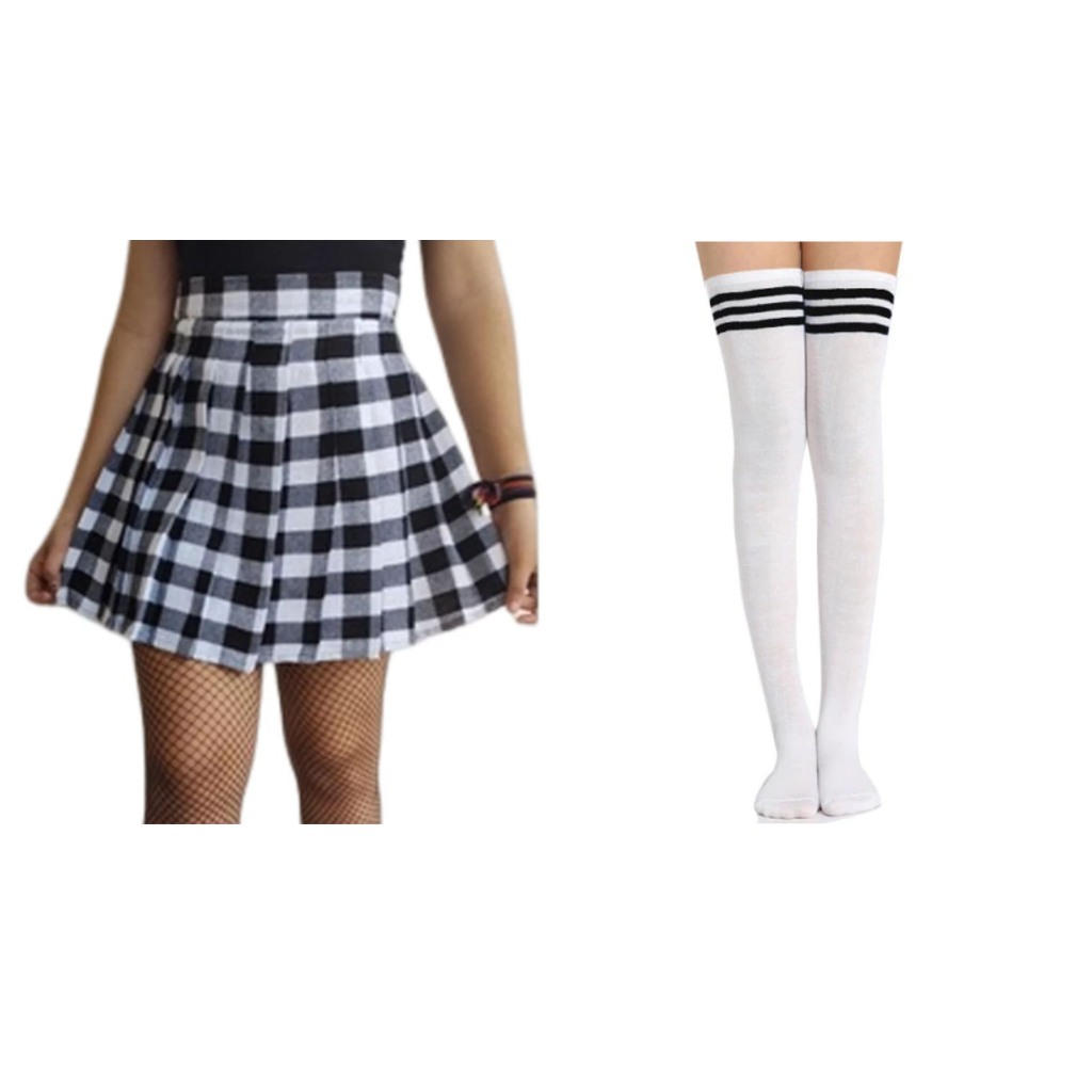 Saia Pregueada Colegial Xadrez preto e branco - Cosplay Seifuku Kawai - E-girl Kpop + Meia 7/8 ...