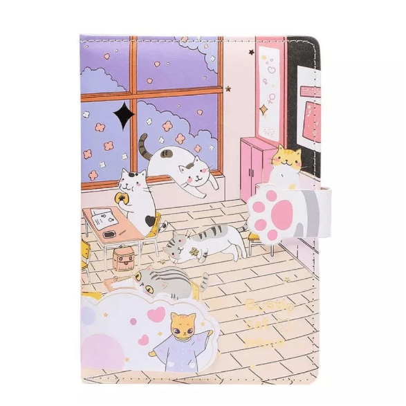Caderno Kawaii Gatinho Fofo E Folhas Decorativas Com Fecho Magnético