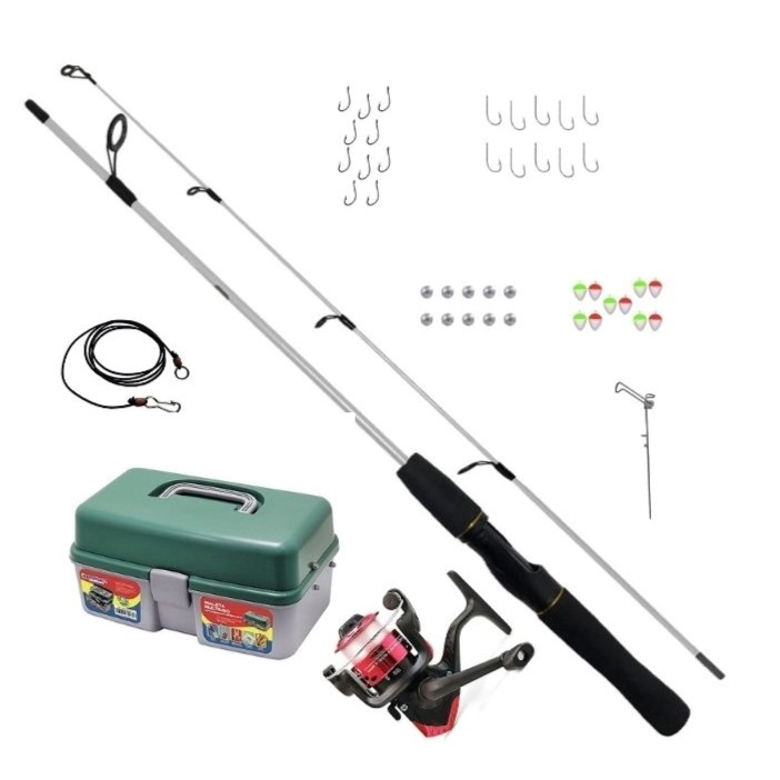 kit pesca completo vara + molinete com linha + caixa de pesca +suporte + trava vara +anzol +boia ...