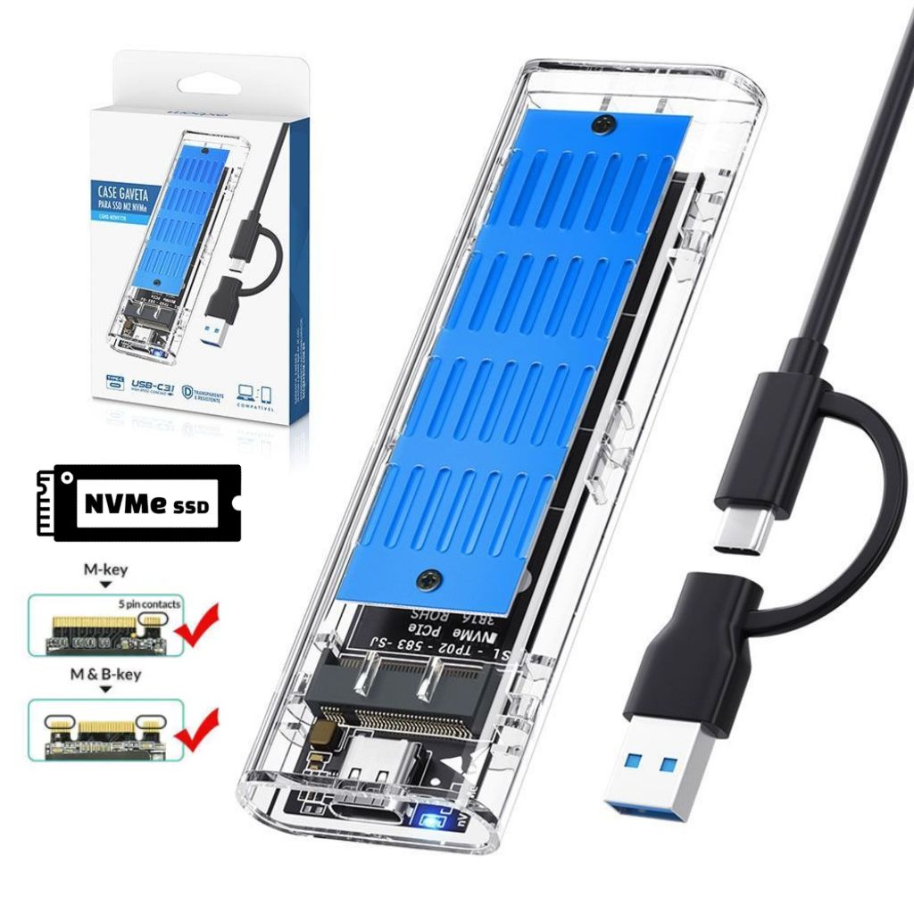 Case Externo Para SSD M2 NVME PCIe 10Gbps USB-C/USB 3.1 Conector Duplo M Key/B+M Key Plug And ...