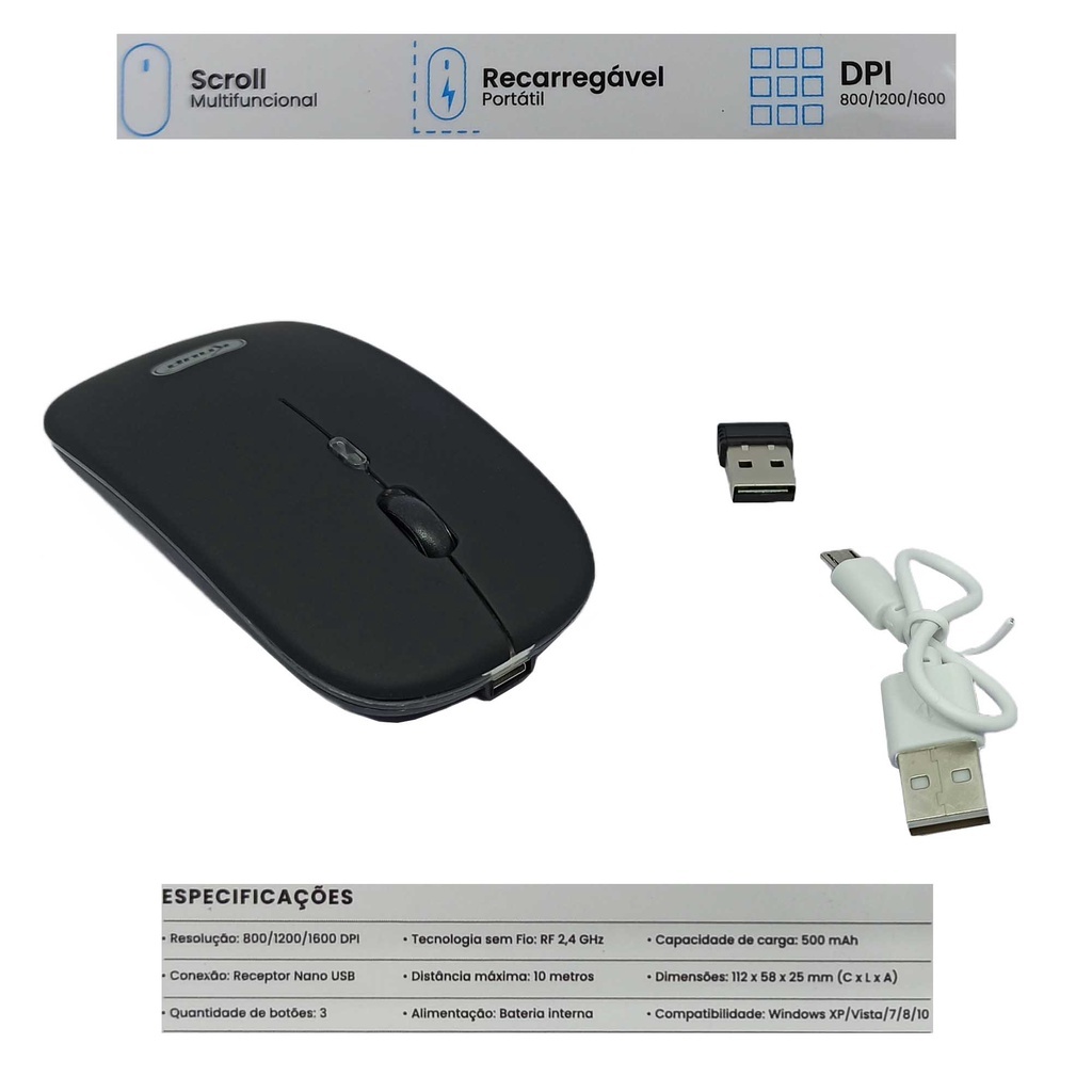 Mouse Recarregável Portátil Wireless Optico Com LED Sem Fio | Shopee Brasil