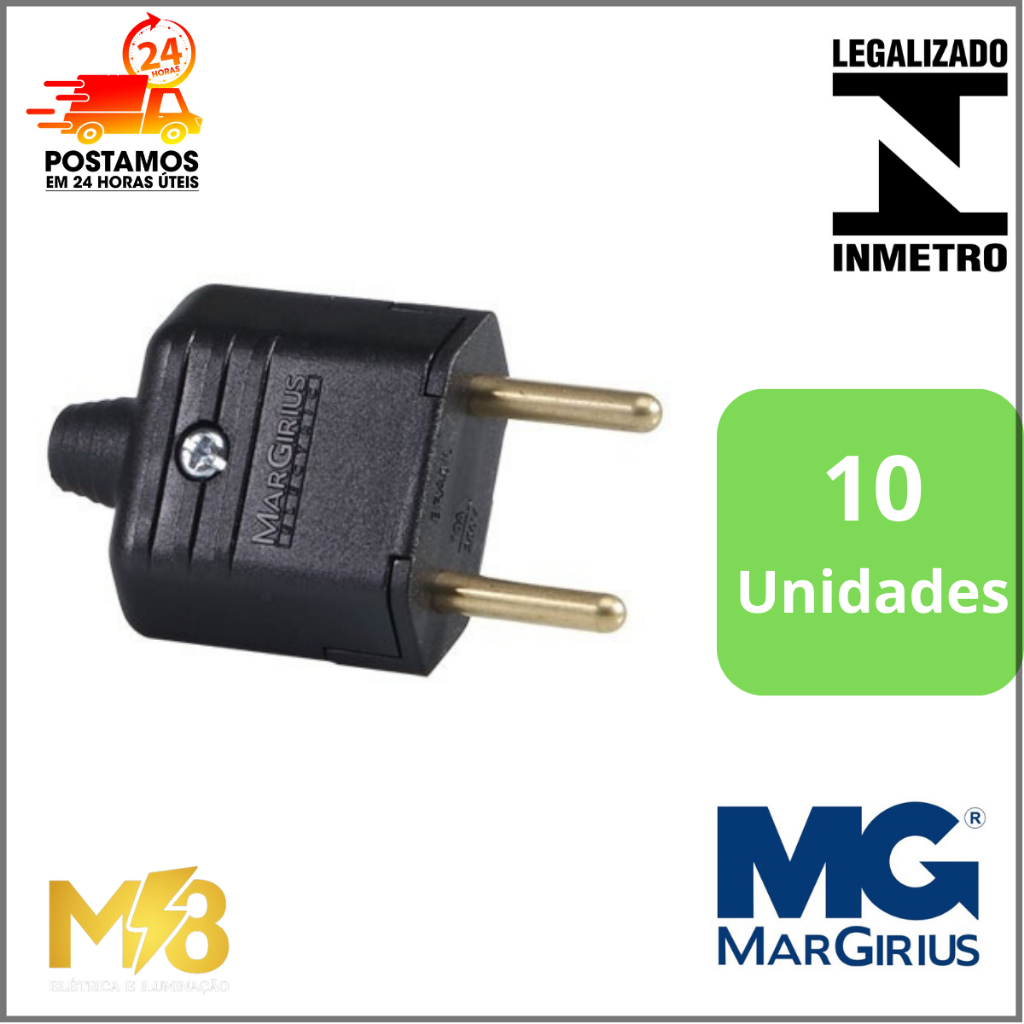 Kit 10 Pino plugue Macho 2 polos 10a 180º Preto Margirius | Shopee Brasil