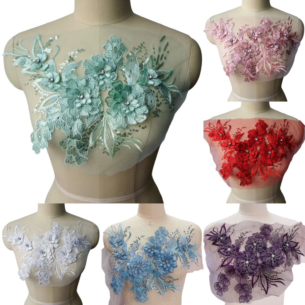 Aplique de Tule Floral Bordado com Flores 3d Paetê e Strass 1 peça ...