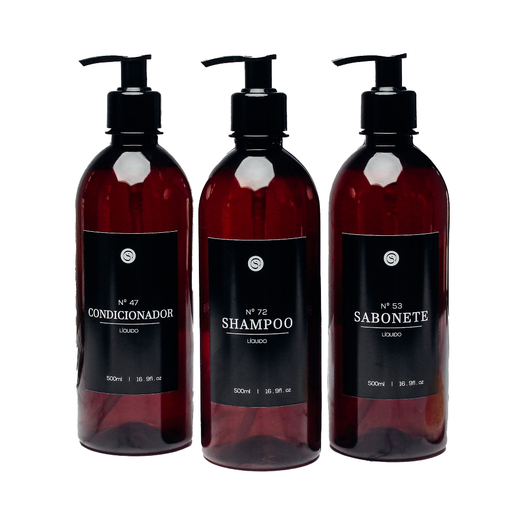 Kit 3pçs Frasco Âmbar Shampoo Condicionador Sabonete Rótulo Preto ...