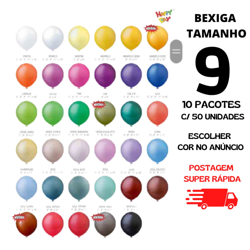10 Pacotes Bexiga Happy Day 9 Polegadas Liso c/ 50 unidades | Shopee Brasil